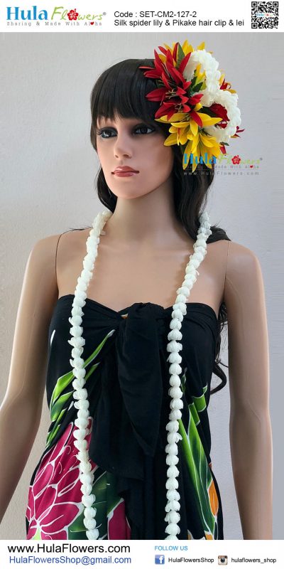 Silk spider lily & Pikake hair clip & lei | HulaFlowers.com